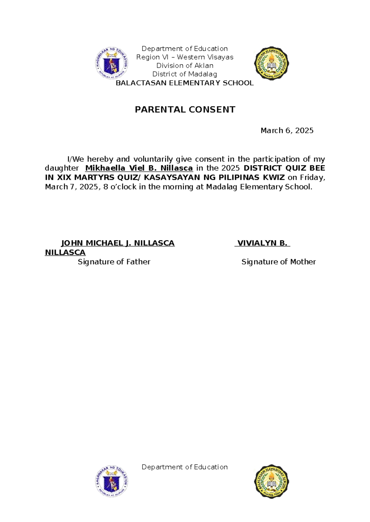 Parental Consent for 2025 District Quiz Bee Participation - Studocu