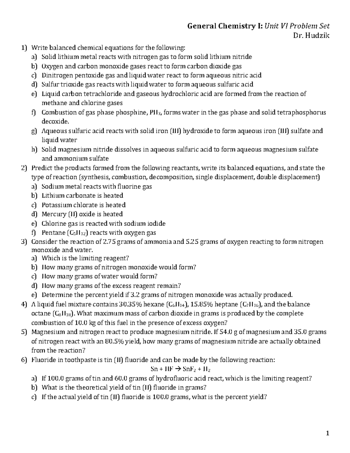 Chem I - Chemical Reactions - General Chemistry I: Unit VI Problem Set ...