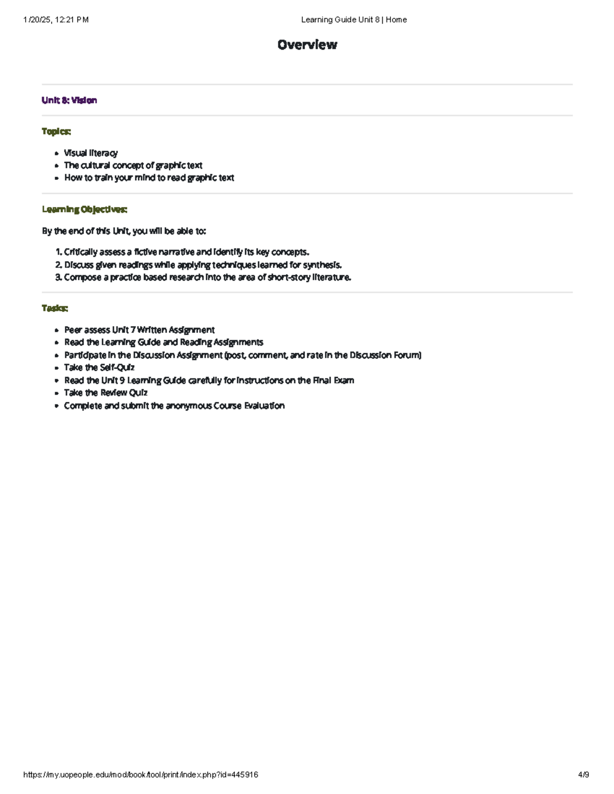 Learning Guide Unit 8 - Overview Unit 8: Vision Topics: Visual literacy ...