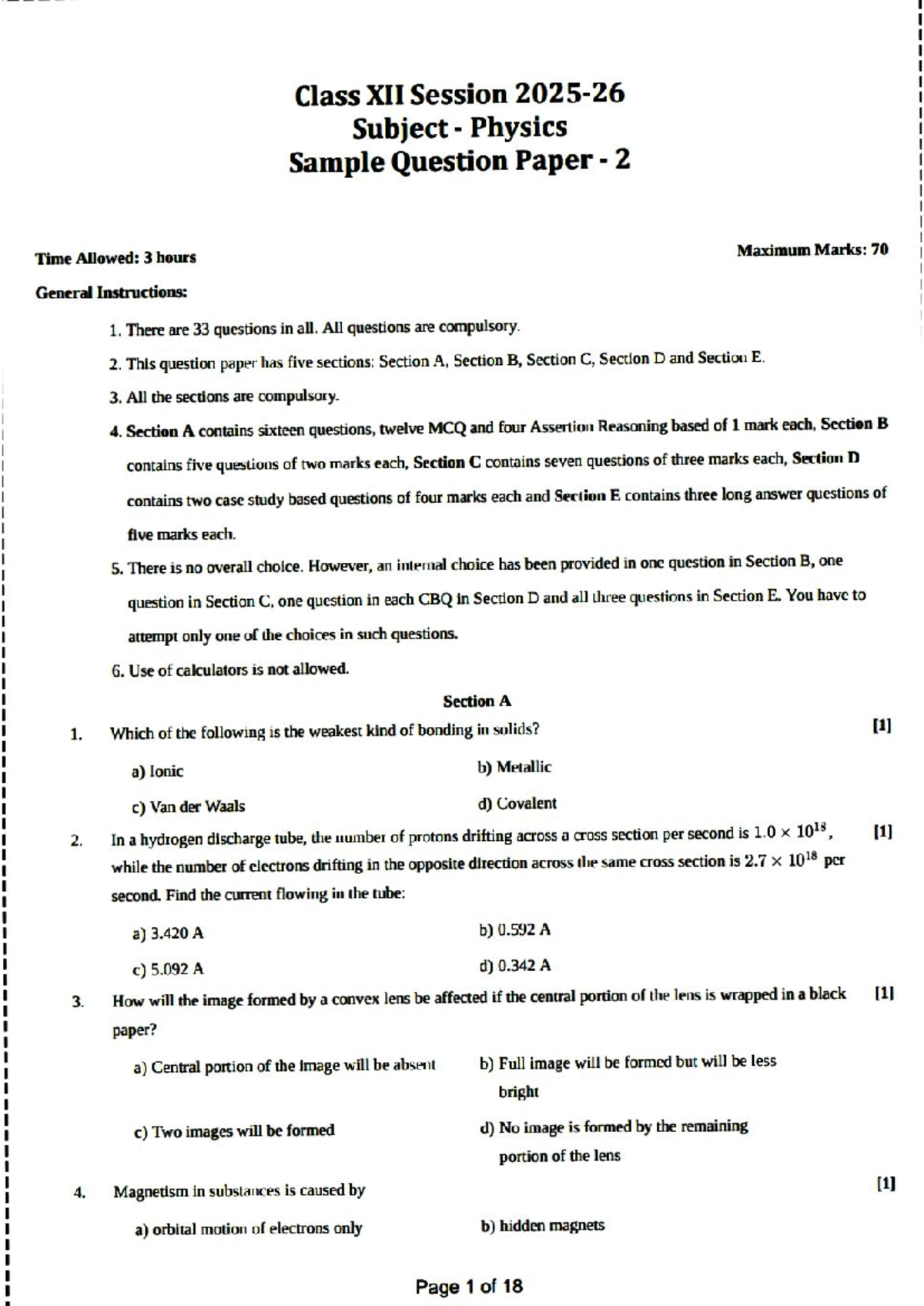Class XII Physics Sample Question Paper 2 - 3 Hours, 70 Marks - Studocu