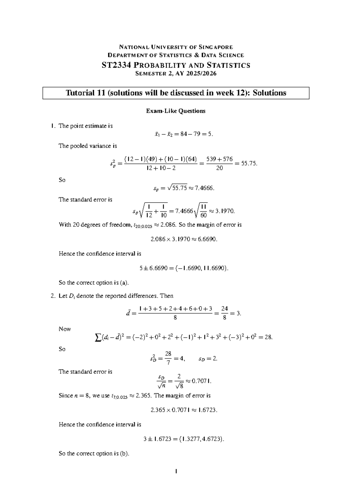 ST2334 Probability and Statistics: Tutorial 11 Solutions - Studocu