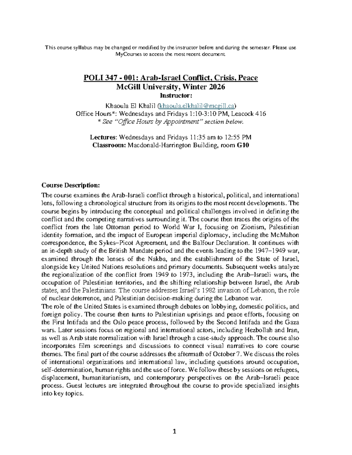 POLI 347 001: Syllabus for Conflict, Crisis, and Peace - Winter 2026 ...