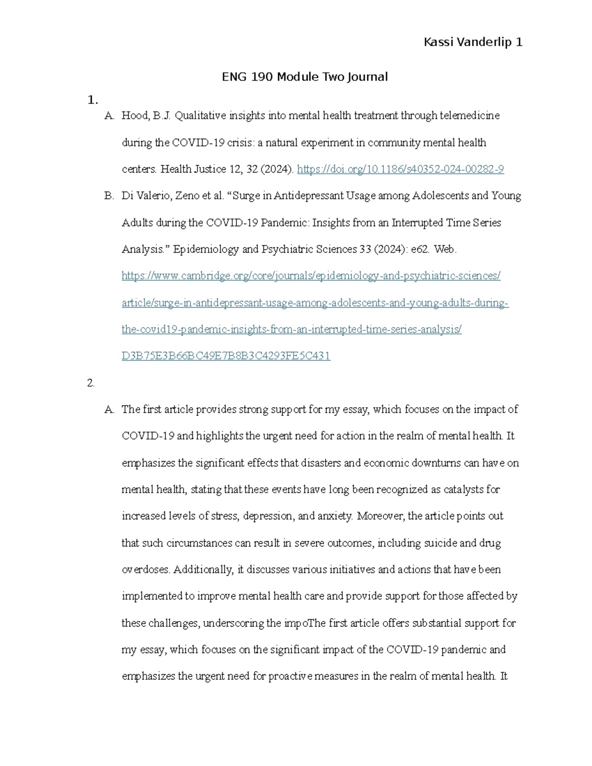 ENG 190 Module Two Journal: Analyzing Mental Health Impacts in COVID-19 ...