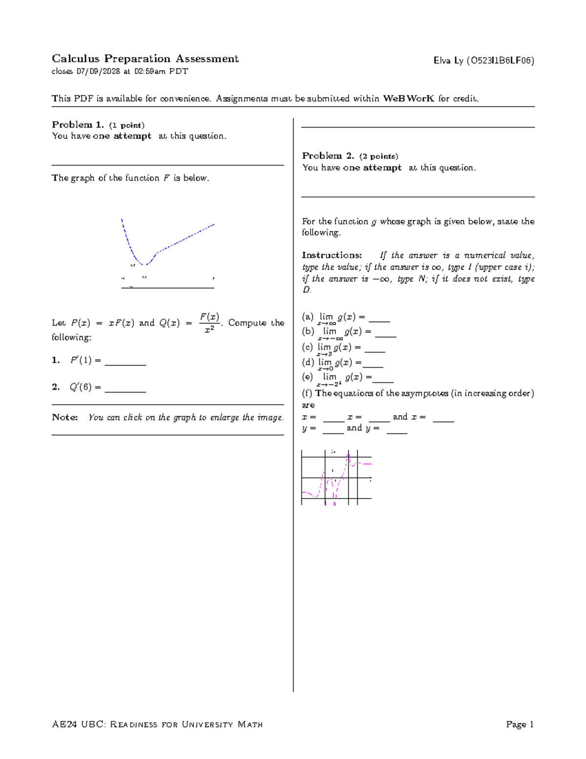 Calculus Preparation Assessment (O523I1B6LF06) - UBC AE24 Math - Studocu