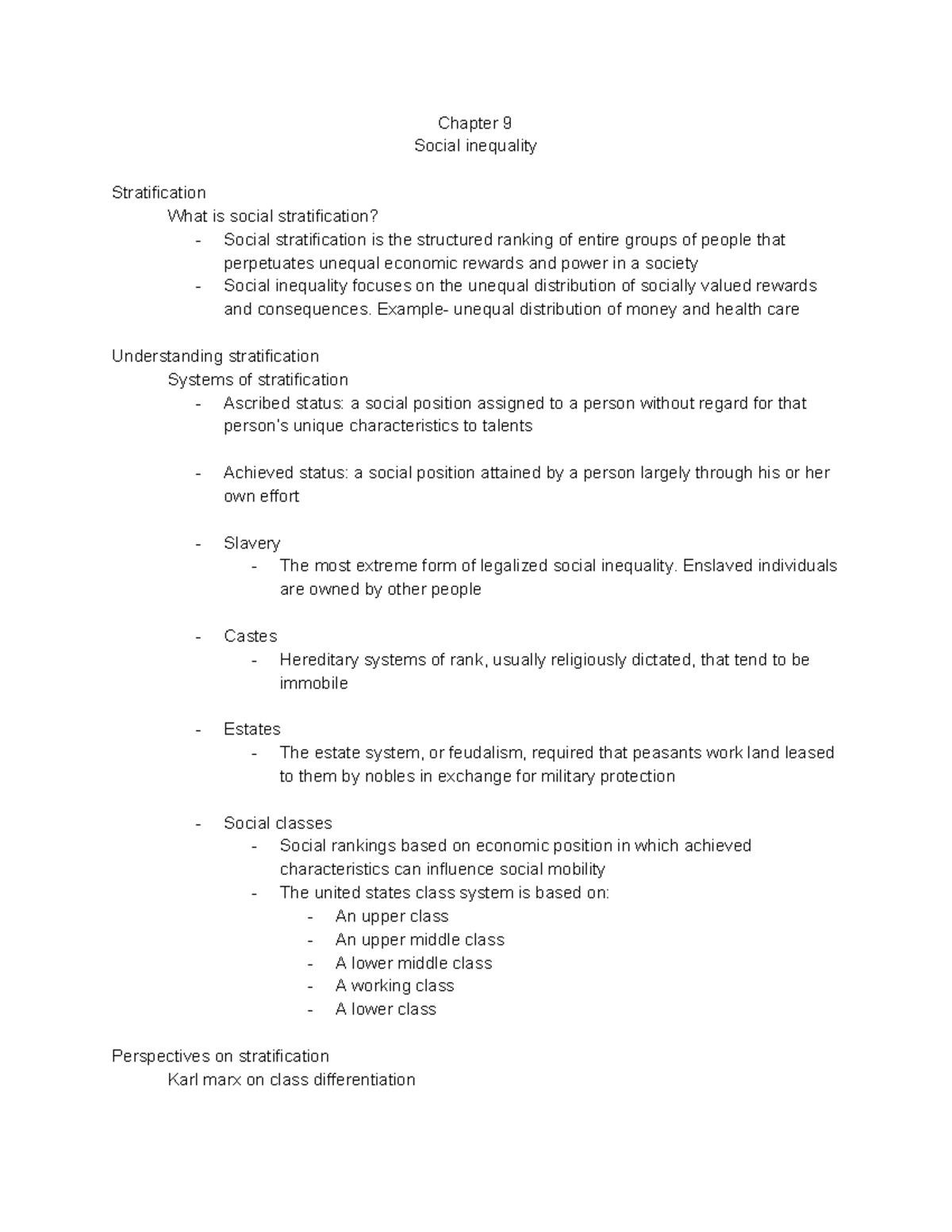 CH 9 Socio - Lecture Notes on Social Inequality and Stratification ...