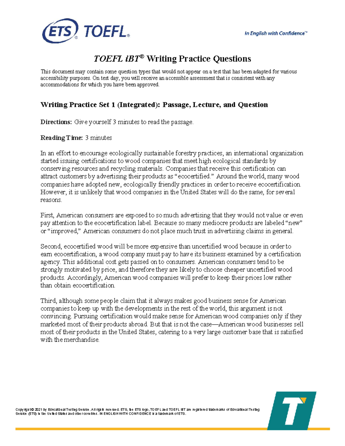 TOEFL Writing Practice Sets: Integrated & Independent Questions - Studocu