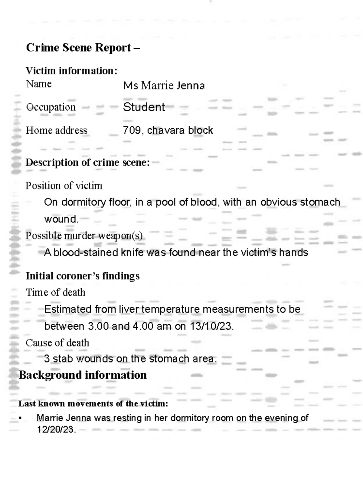 Crime Scene Report: Victim Analysis & Evidence Overview (CRIM 101 ...
