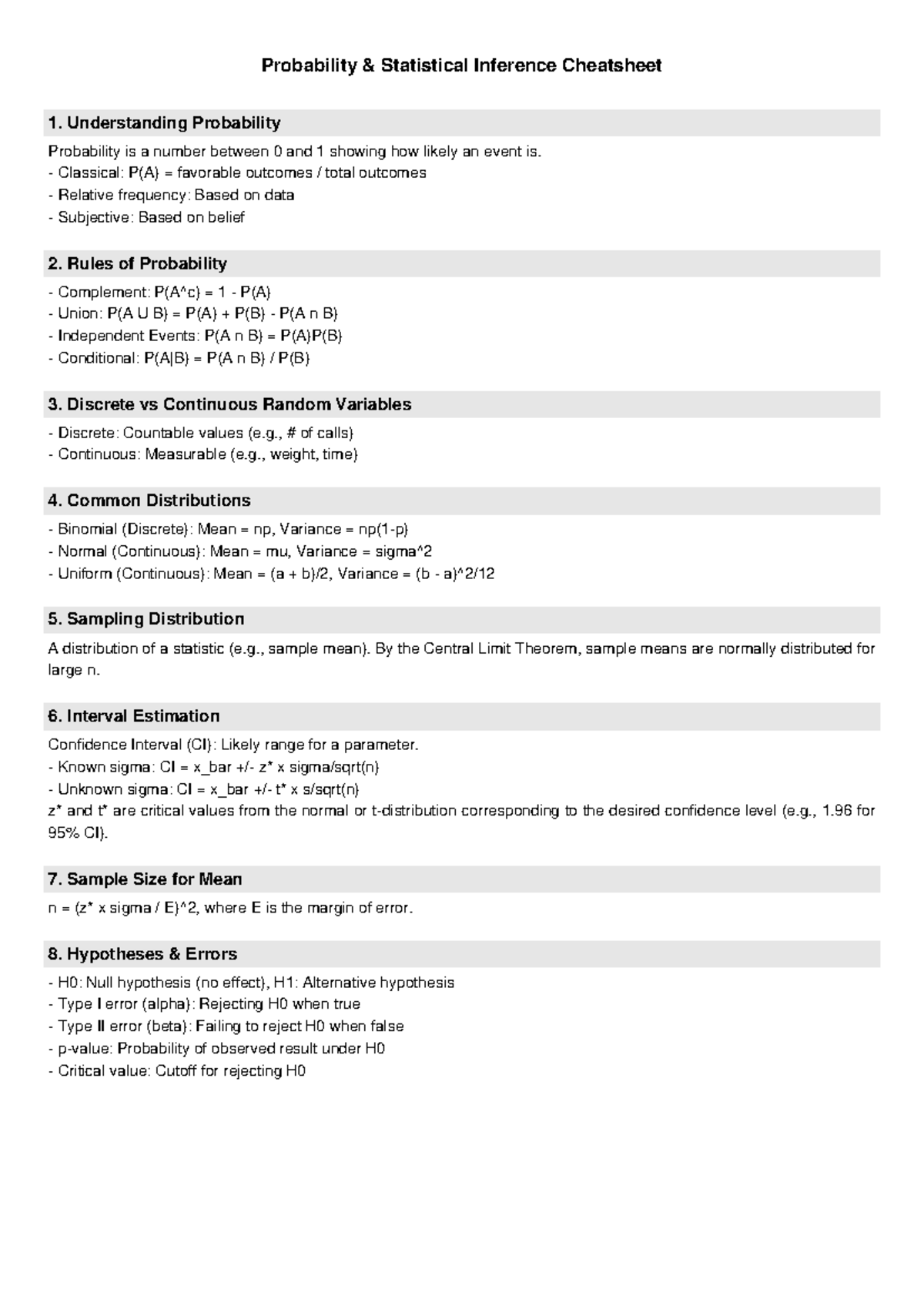 Probability Statistics Cheatsheet: Key Concepts & Rules - Studocu