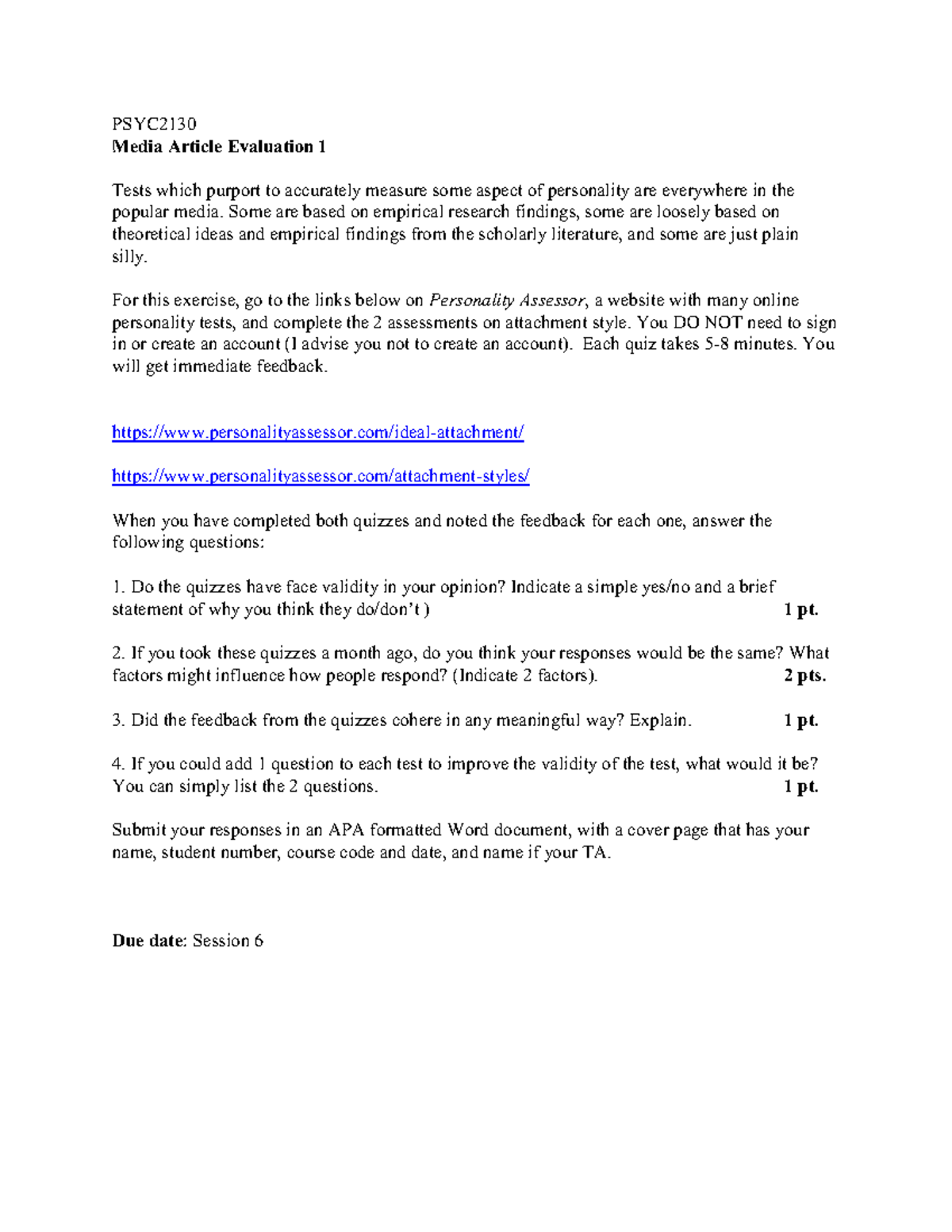 PSYC2130 Media Article Evaluation: Personality Test Analysis - Studocu