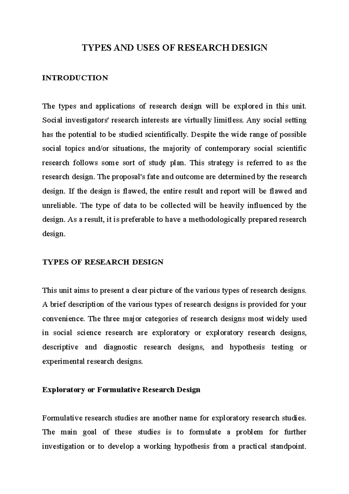 Types and Uses of Research Design in Social Science Studies - Studocu