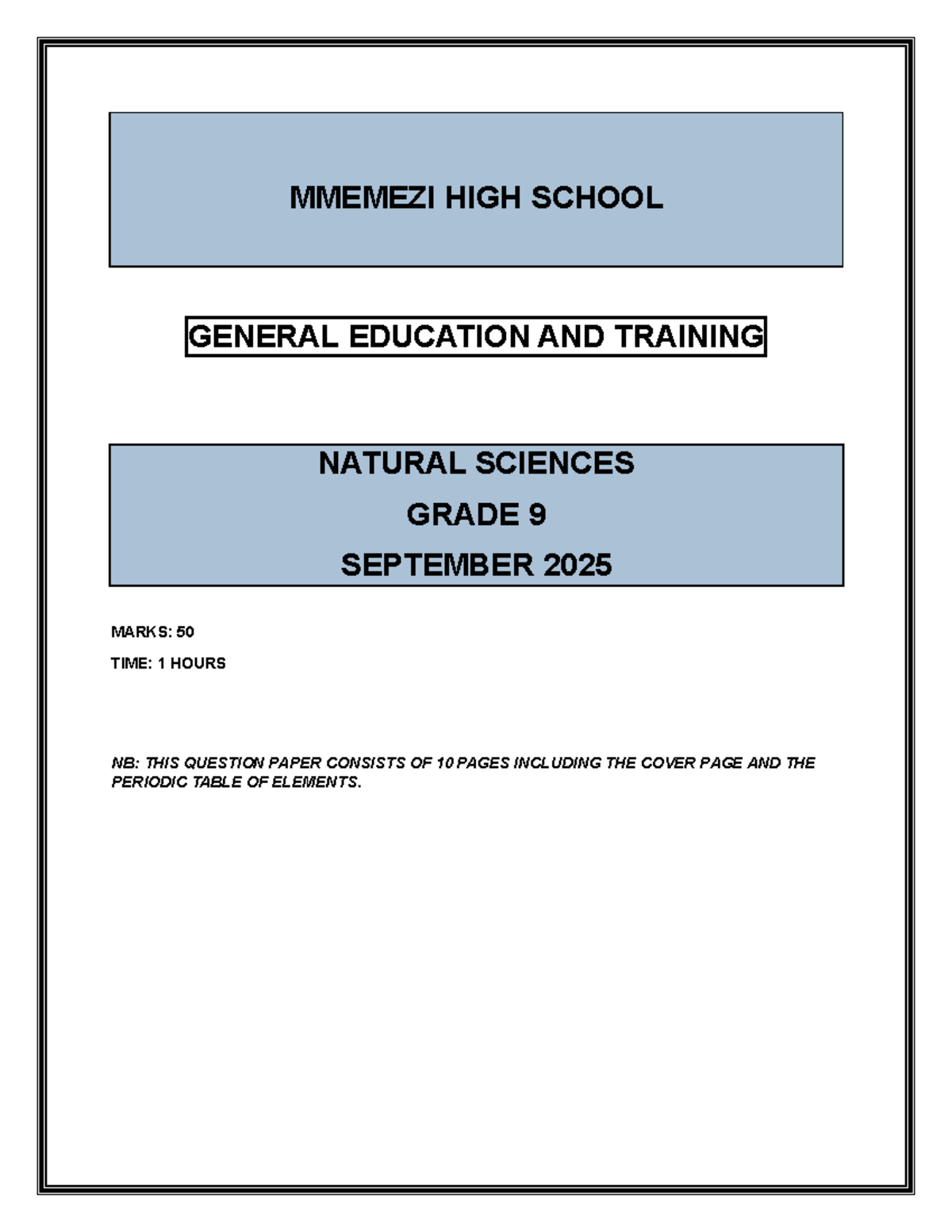 NS Grade 9 September Exam 2025 - Natural Sciences Paper - Studocu