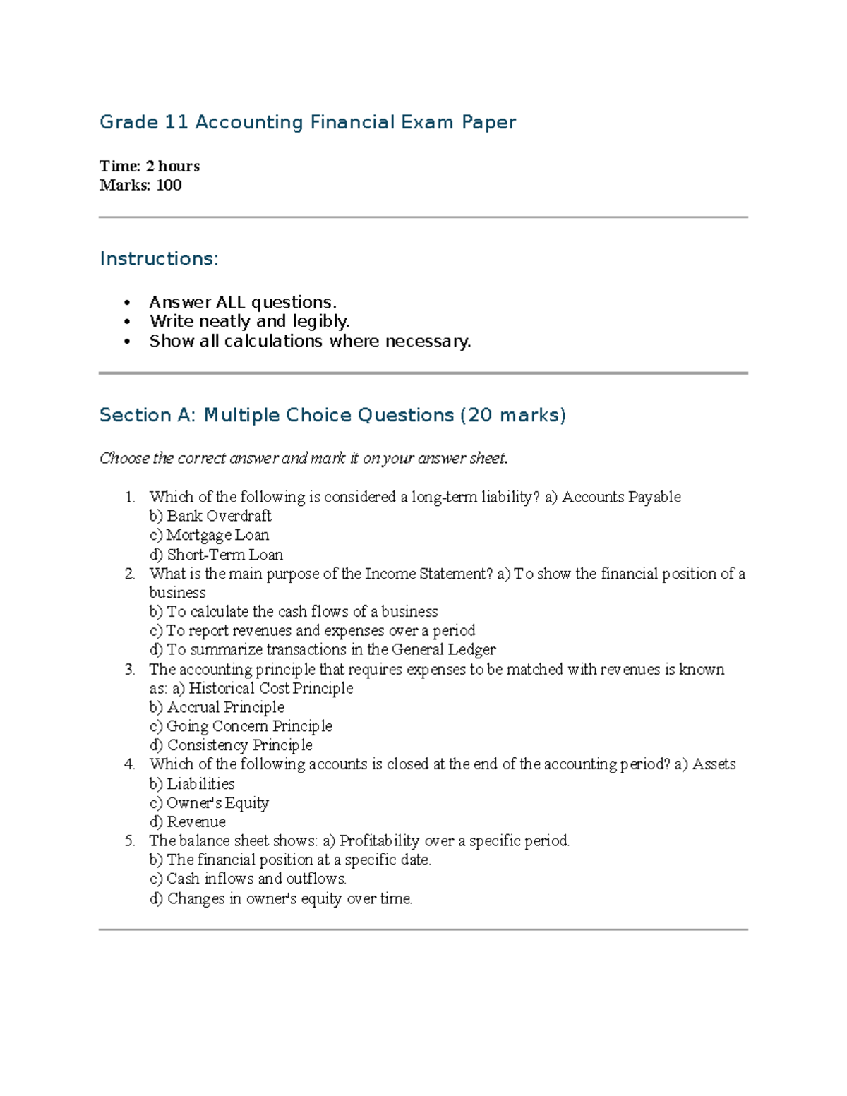 Grade 11 Accounting Final Exam Paper - Comprehensive Review - Studocu