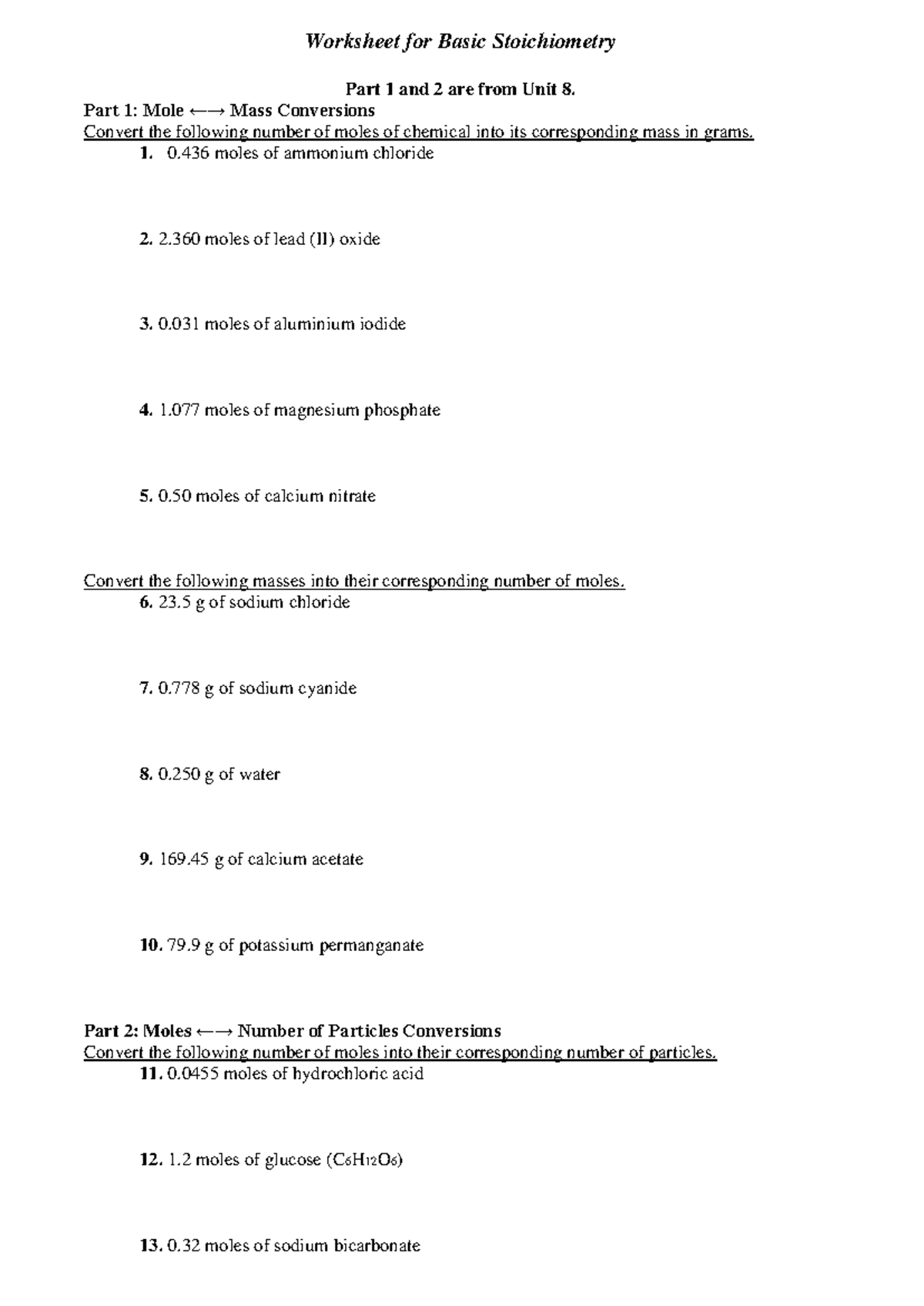 Worksheet for Basic Stoichiometry (Unit 8 & 9) - Studocu