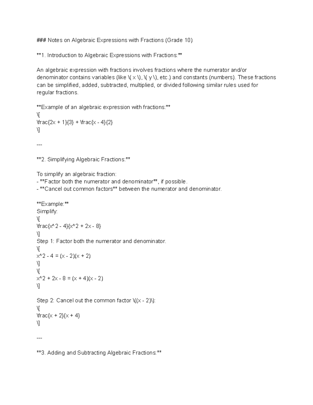 Chapter Notes on Algebraic Expressions with Fractions (Grade 10) - Studocu