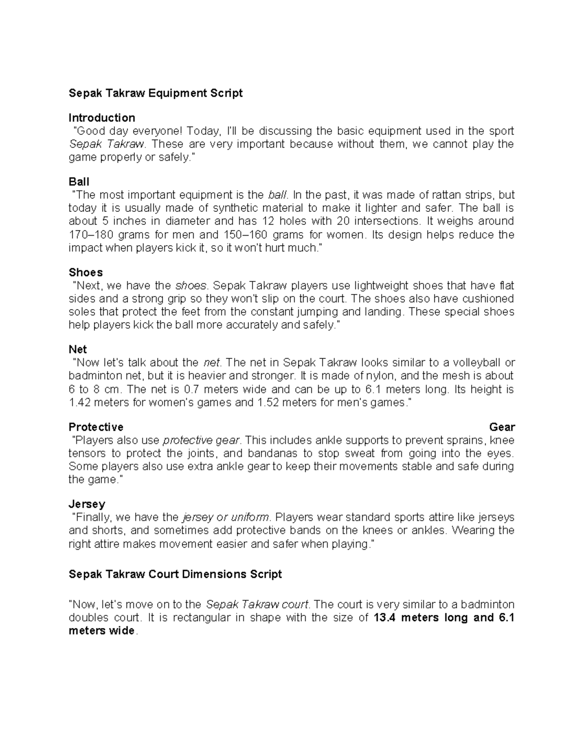 Sepak Takraw Equipment Overview: Lecture Notes - Studocu