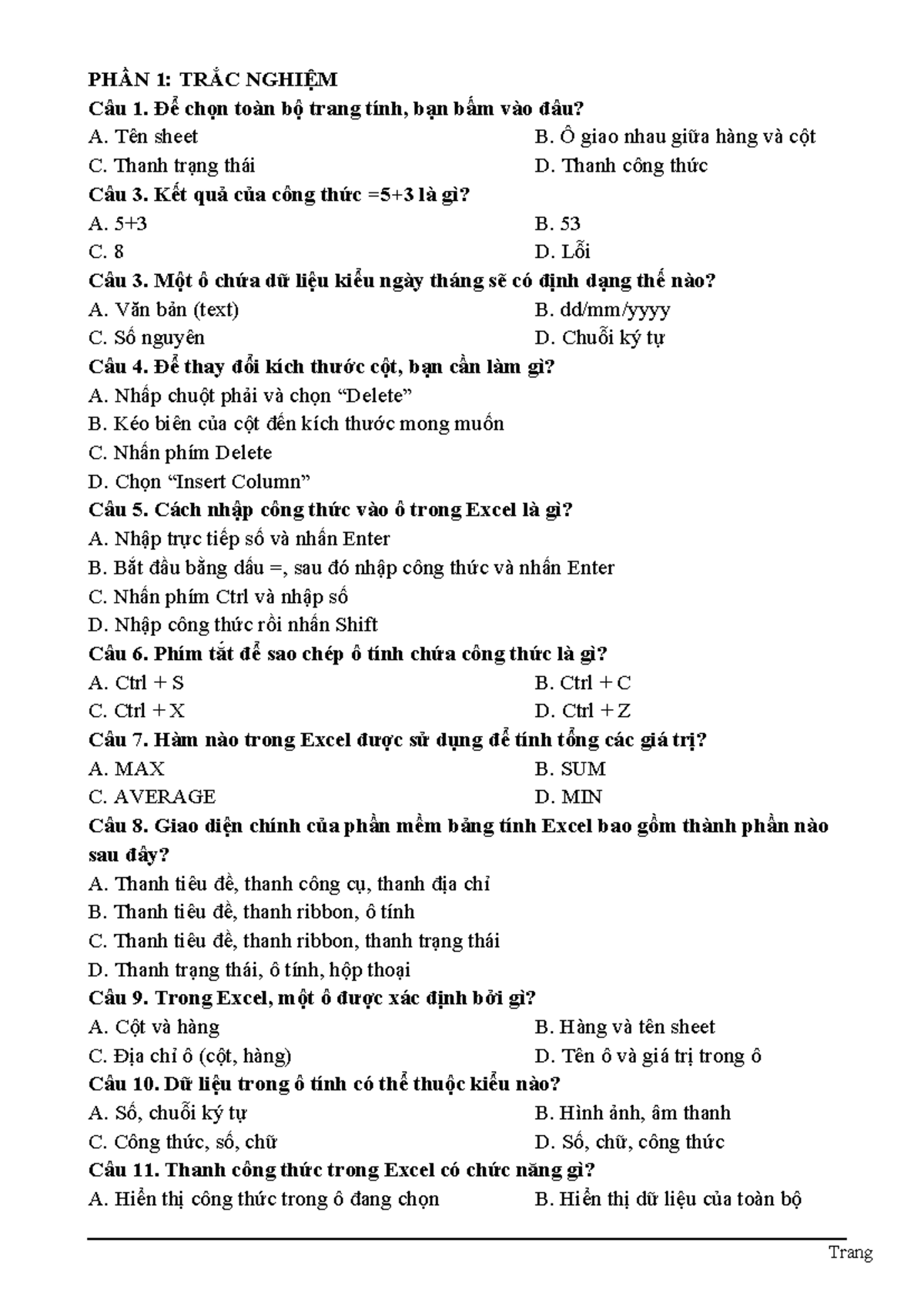 ÔN THI HK1 TIN 7: TRẮC NGHIỆM VÀ TỰ LUẬN Excel - Studocu