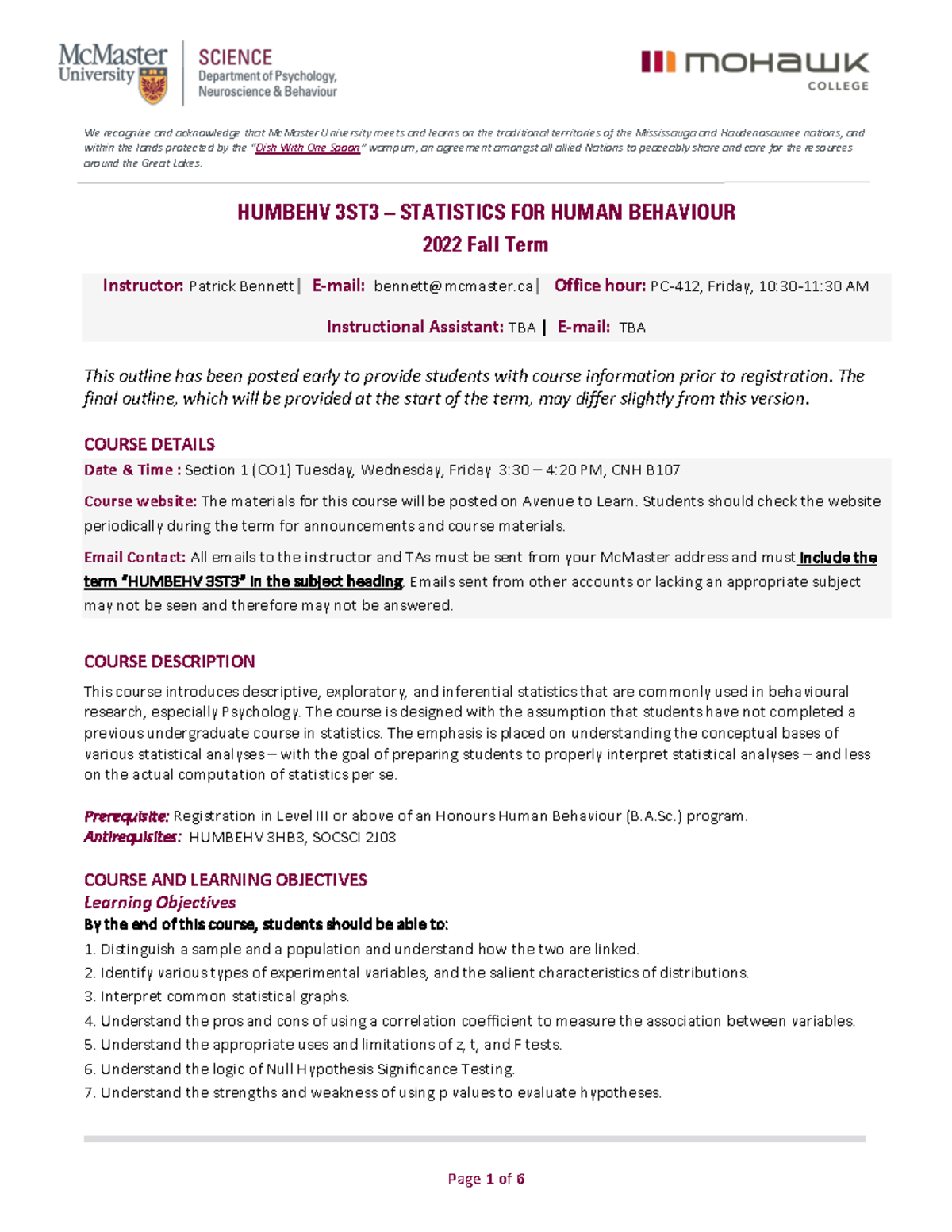 HUMBEHV 3ST3 - Fall 2022 Course Outline & Learning Objectives - Studocu