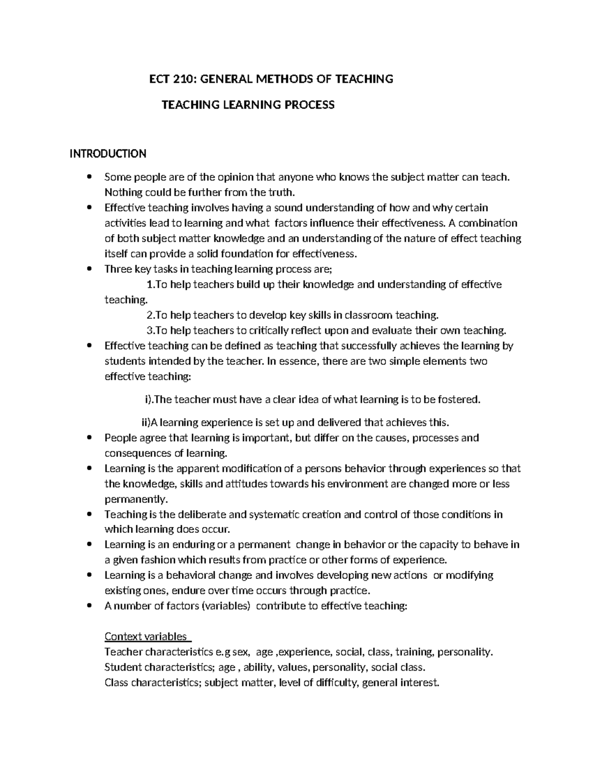 ECT 210: Lecture 1 Notes on Effective Teaching Methods - Studocu