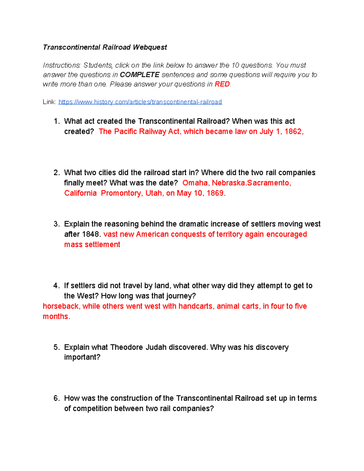 Transcontinental Railroad Webquest Instructions and Questions - Studocu