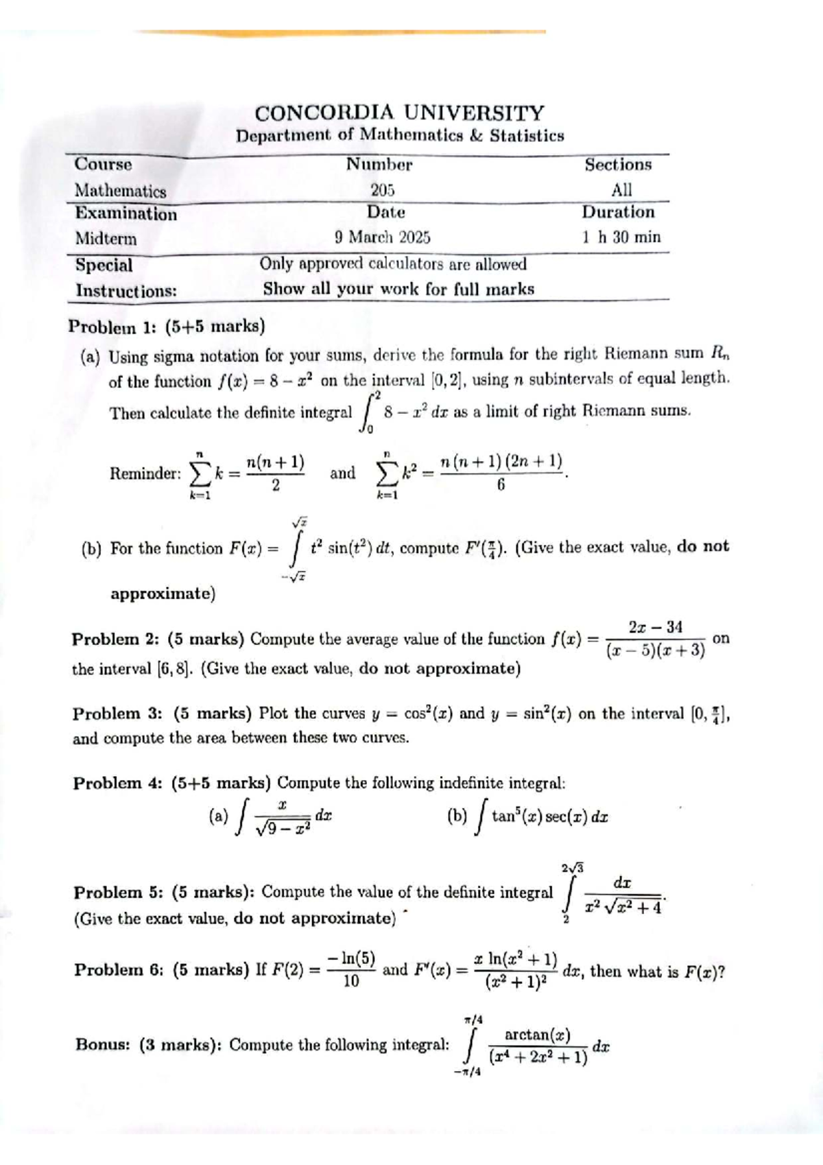 Math 205 Midterm Exam Review - Concordia University 2025 - Studocu