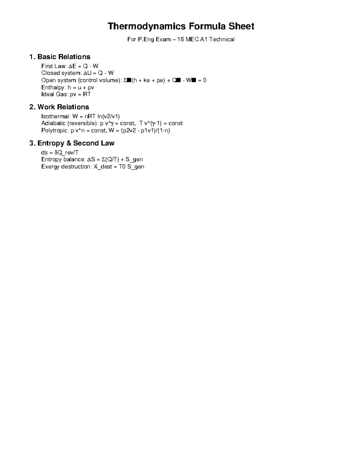 Thermodynamics Formula Sheet for P.Eng Exam 16 MEC A1 - Studocu