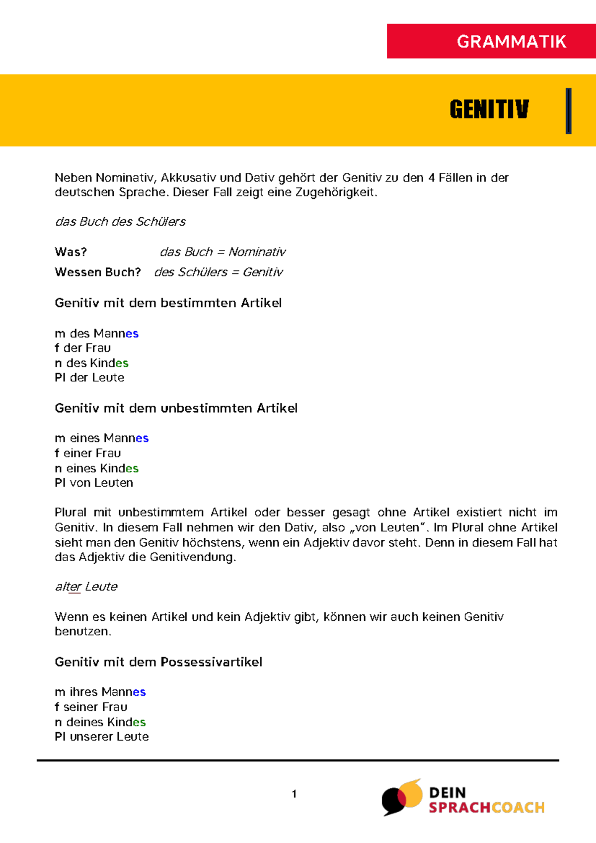 GRAMMATIK GENITIV: Verwendung und Beispiele in der deutschen Sprache ...