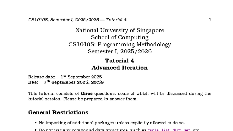 Tut04 - CS1010S, Semester I, 2025/2026 — Tutorial 4 1 National ...