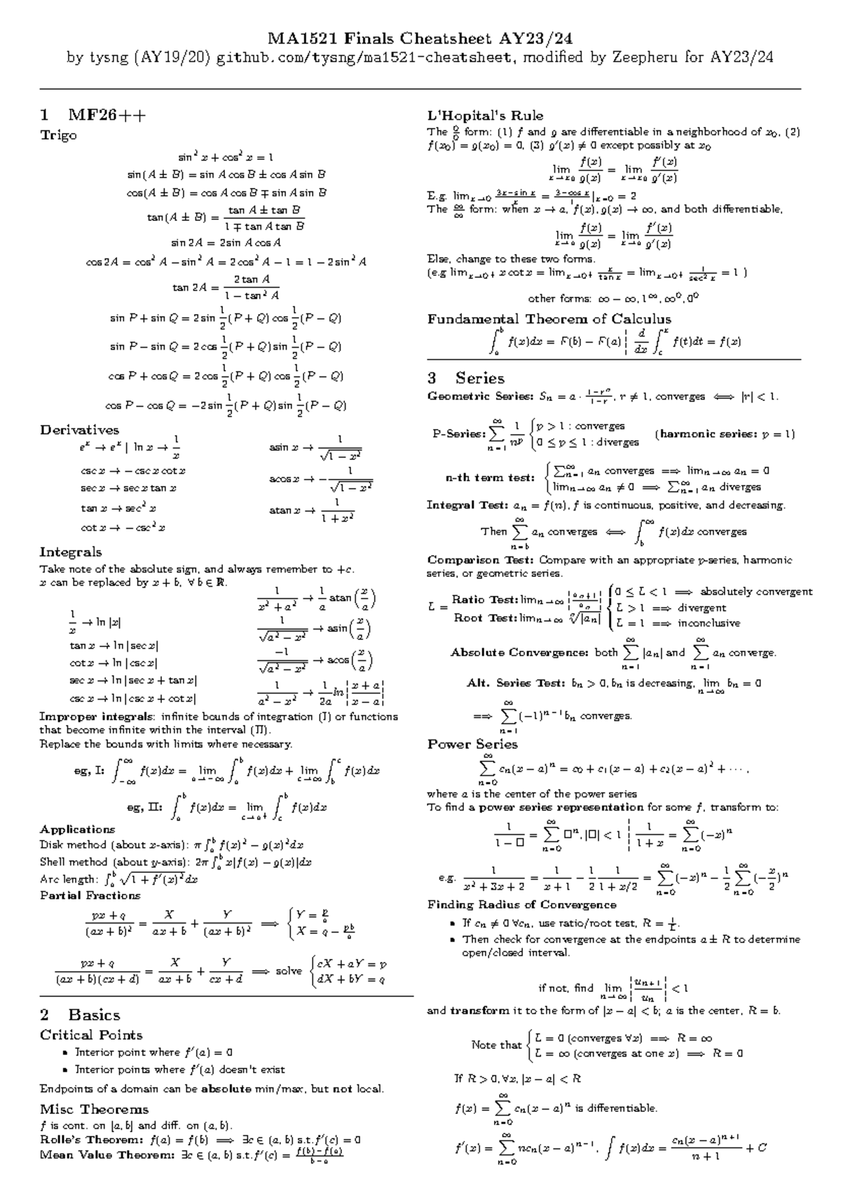 MA1521 Final Exam Cheatsheet: Key Concepts and Formulas - Studocu
