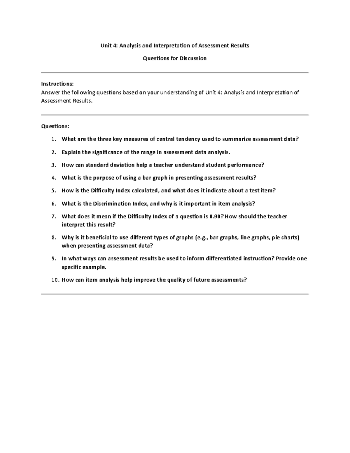 Unit 4: Analysis & Interpretation of Assessment Results Discussion ...