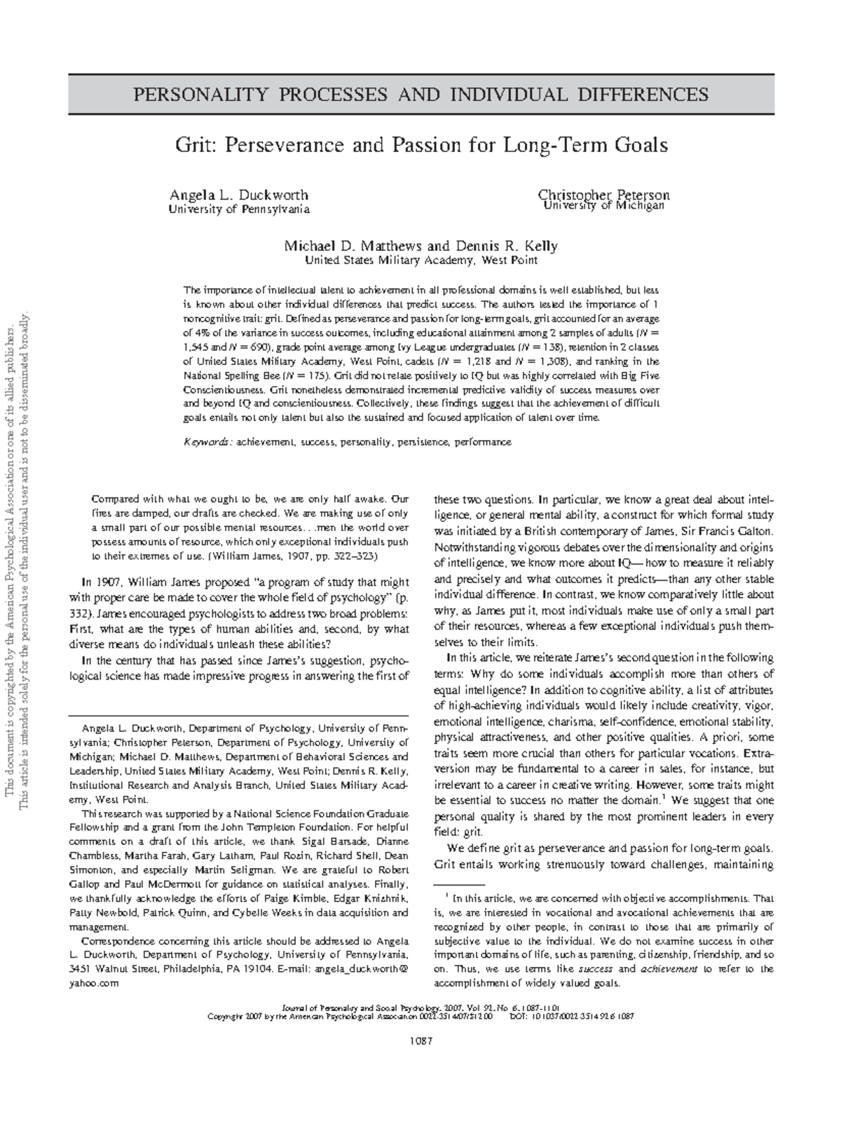 Duckworth et al. 2007: Grit and Its Role in Achievement - Studocu