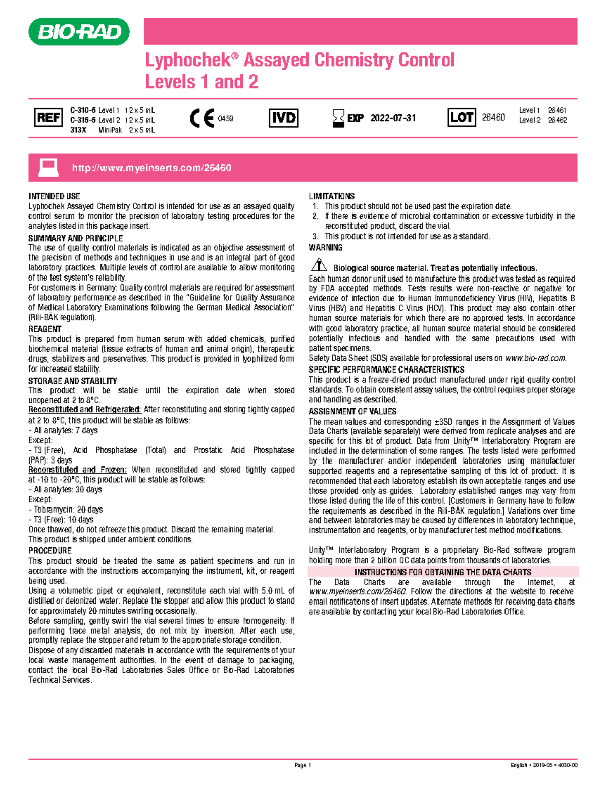 Lyphochek Assayed Chemistry Control Package Insert (26460) - Studocu