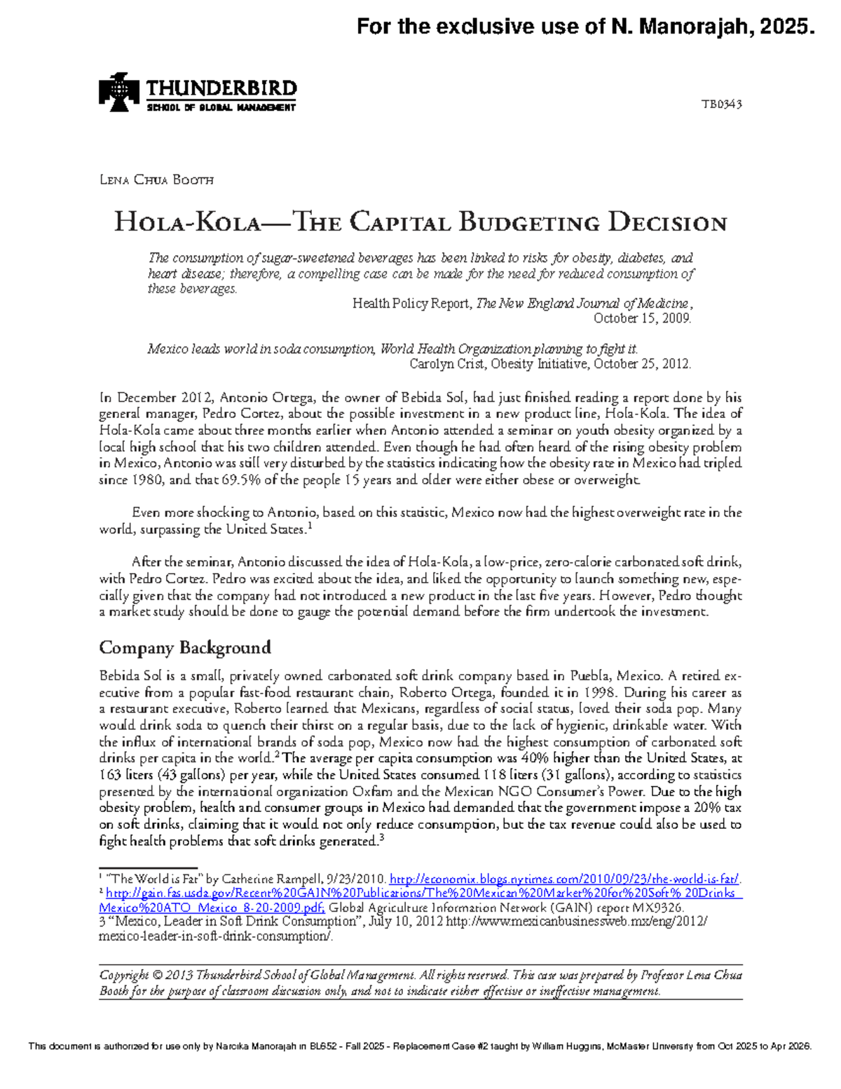 TB0343 Case Study: Bebida Sol's Capital Budgeting Decision - Studocu