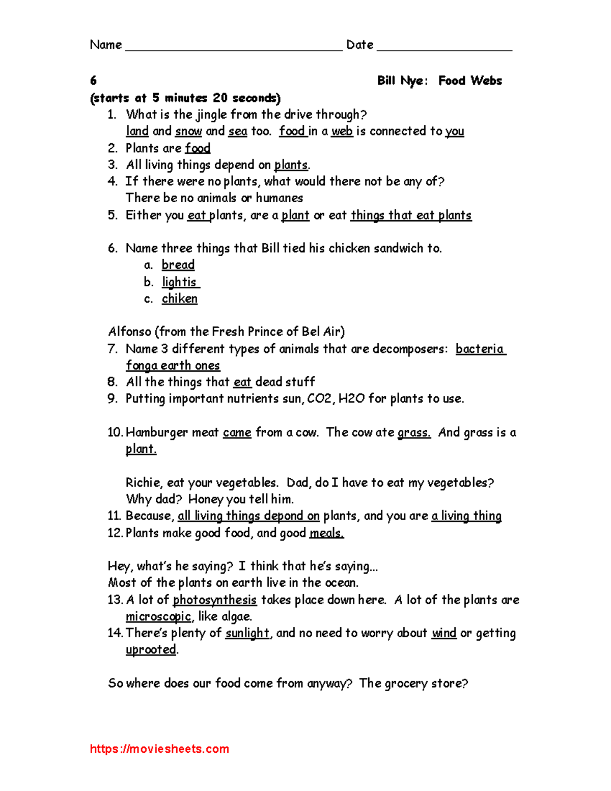 Bill nye food web interactive sheet - Name ...