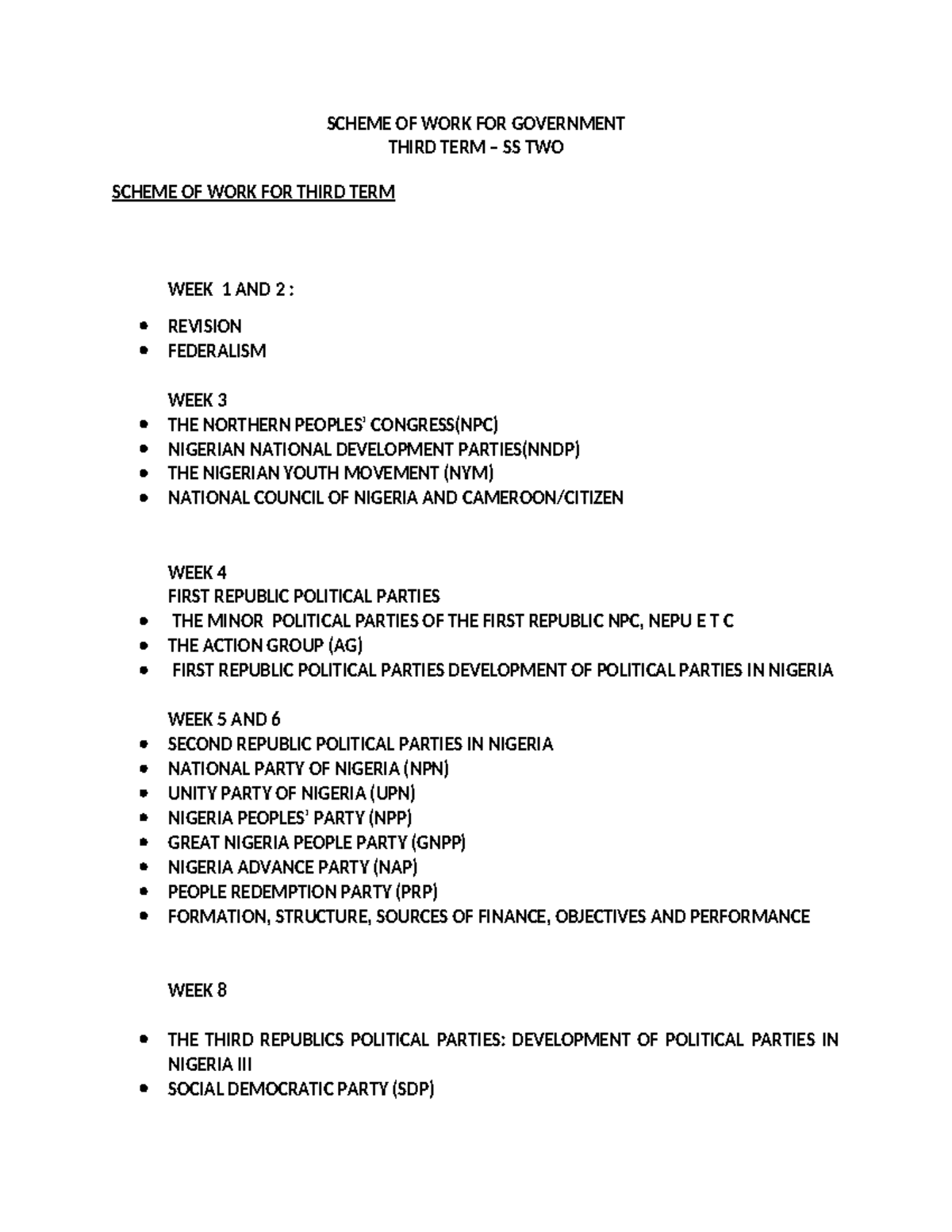 Principle of Government ECO122 - SCHEME OF WORK FOR GOVERNMENT THIRD ...