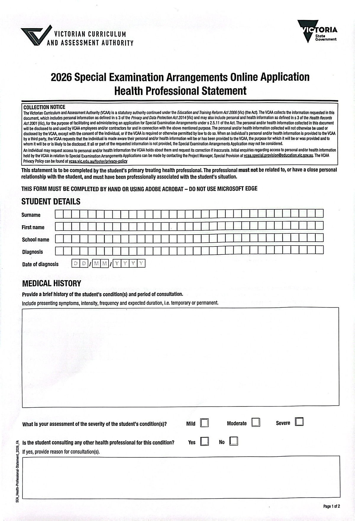 VCAA 2026 Special Exam Arrangements Health Professional Statement - Studocu