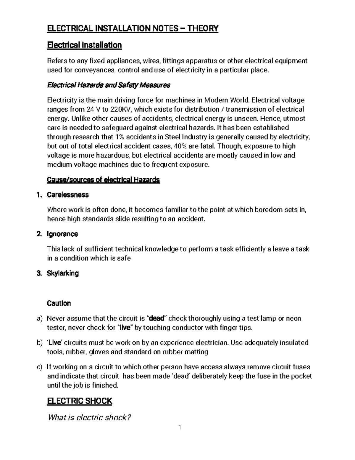 ELECTRICAL INSTALLATION NOTES - THEORY (ELECTRI 101) - Studocu