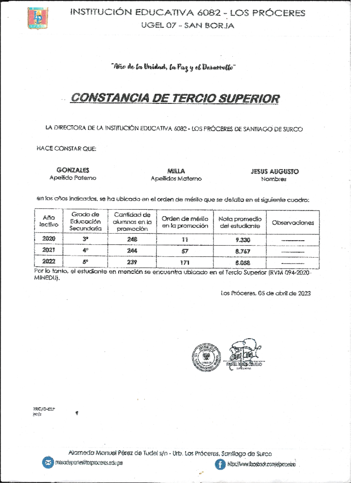 Constancia de Tercio Superior - INSTITUCIÓN EDUCATIVA 6082 LOS PRÓCERES ...
