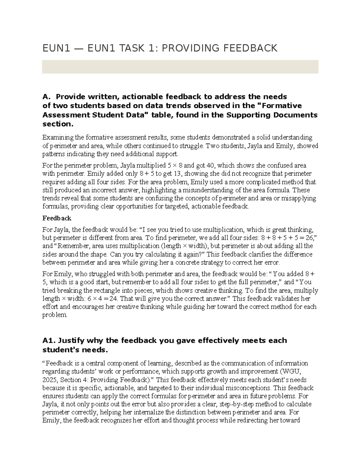 EUN1 Task 2: Actionable Feedback for Student Assessment Trends - Studocu