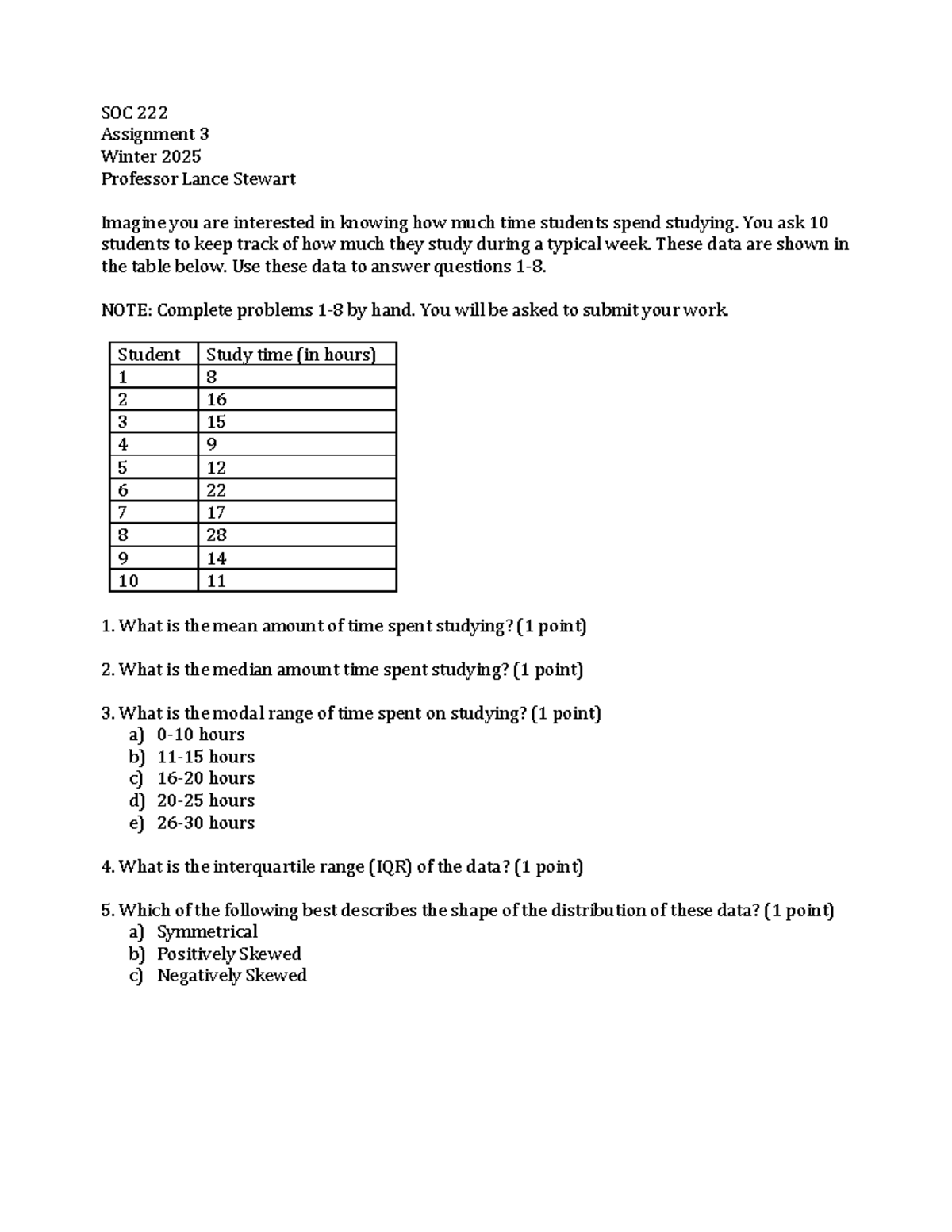 SOC 222 W25 Assignment 3: Student Study Time Analysis - Studocu