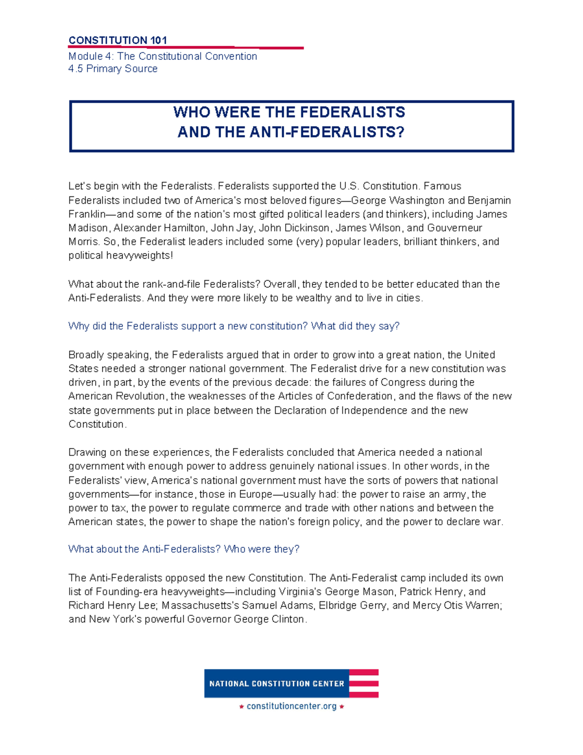 CONSTITUTION 101 Module 4: Federalists vs. Anti-Federalists on ...