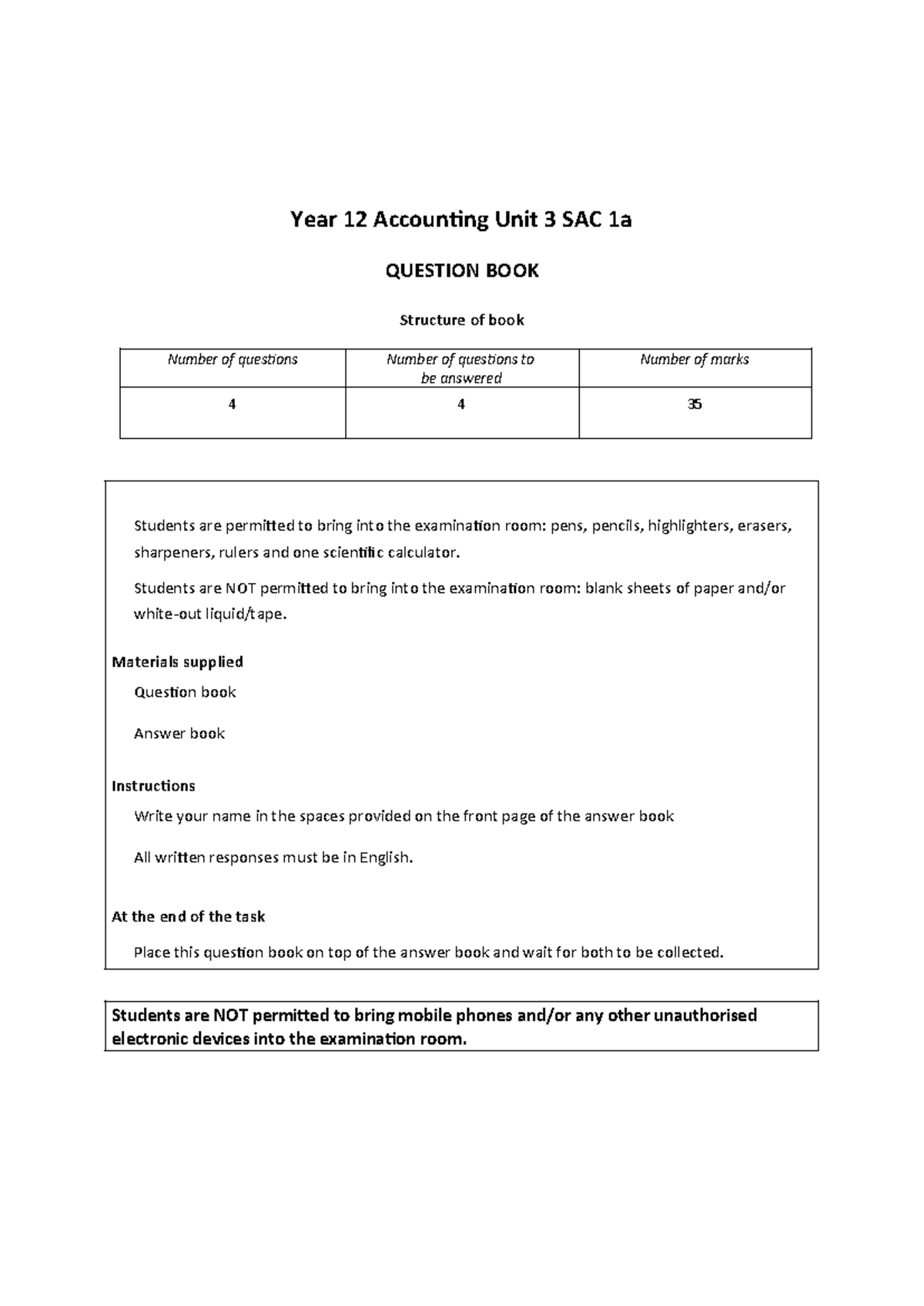 Year 12 Accounting Unit 3 SAC 1a Practice Question Book - Studocu