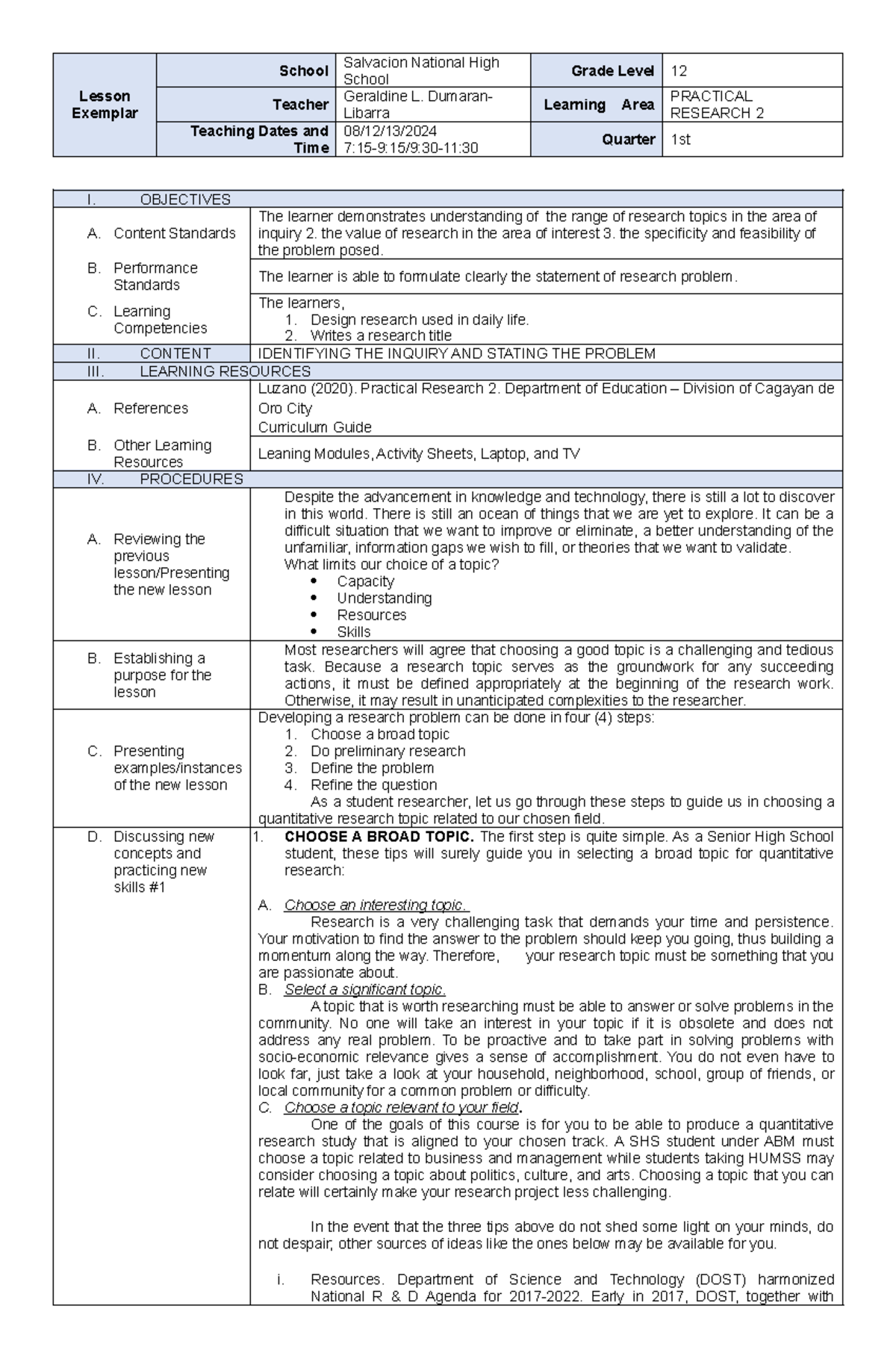 PR 2 3 - Lesson Exemplar on Research Topic Selection and Analysis - Studocu