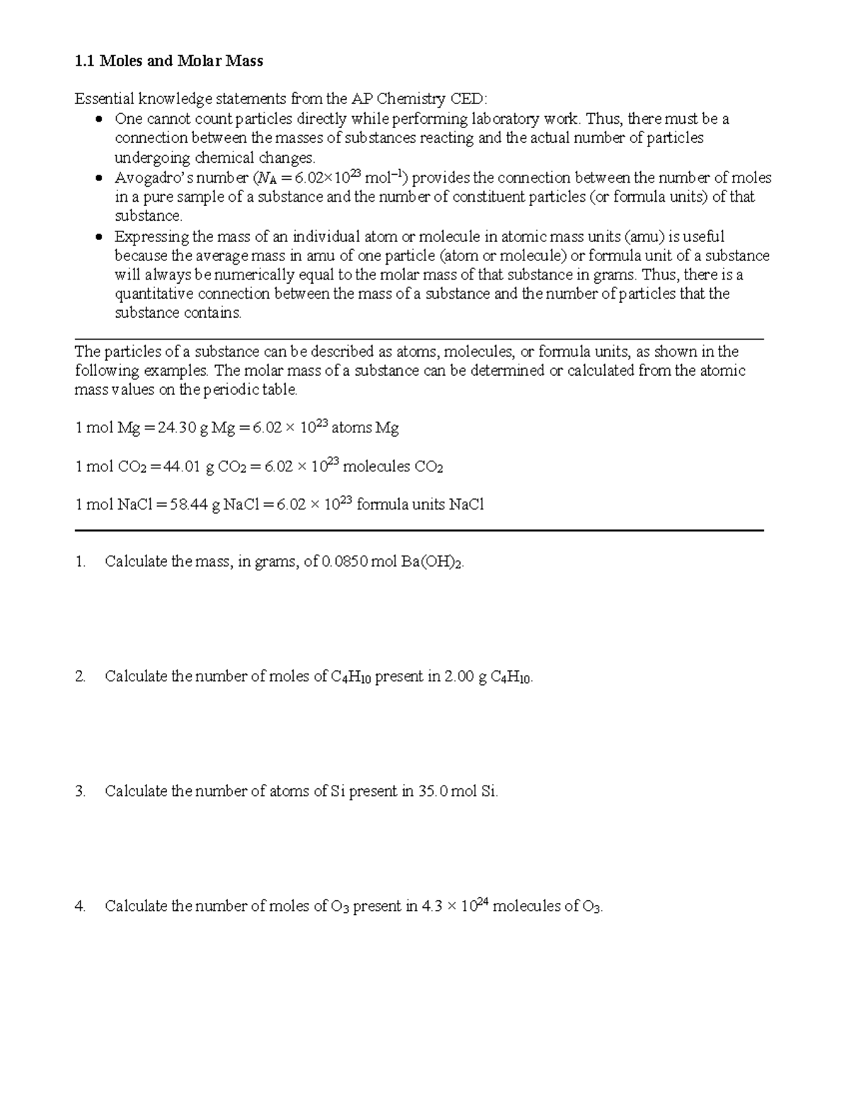 AP Chemistry Unit 1 Practice: Moles, Molar Mass & Isotopes - Studocu