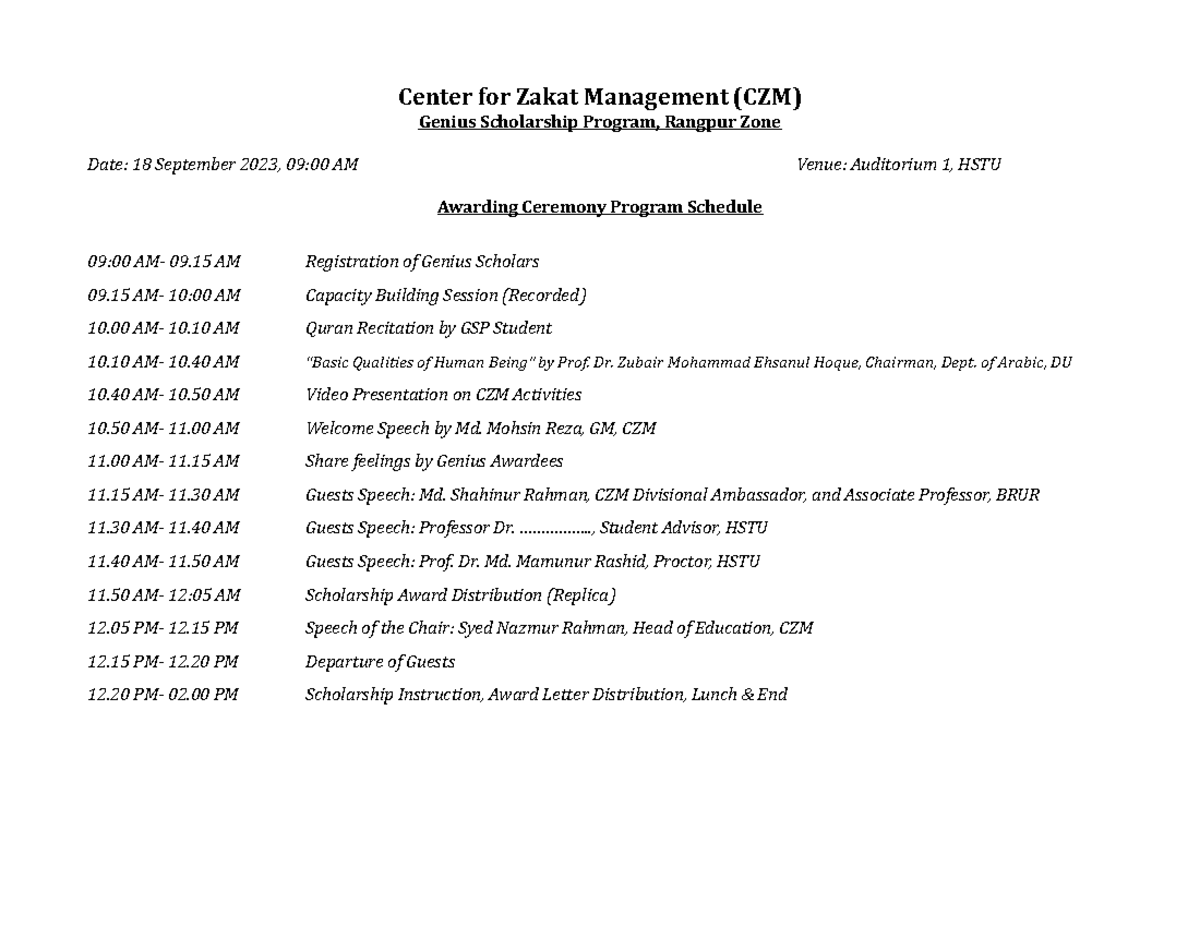 Program Schedule - Center for Zakat Management (CZM) Genius Scholarship ...