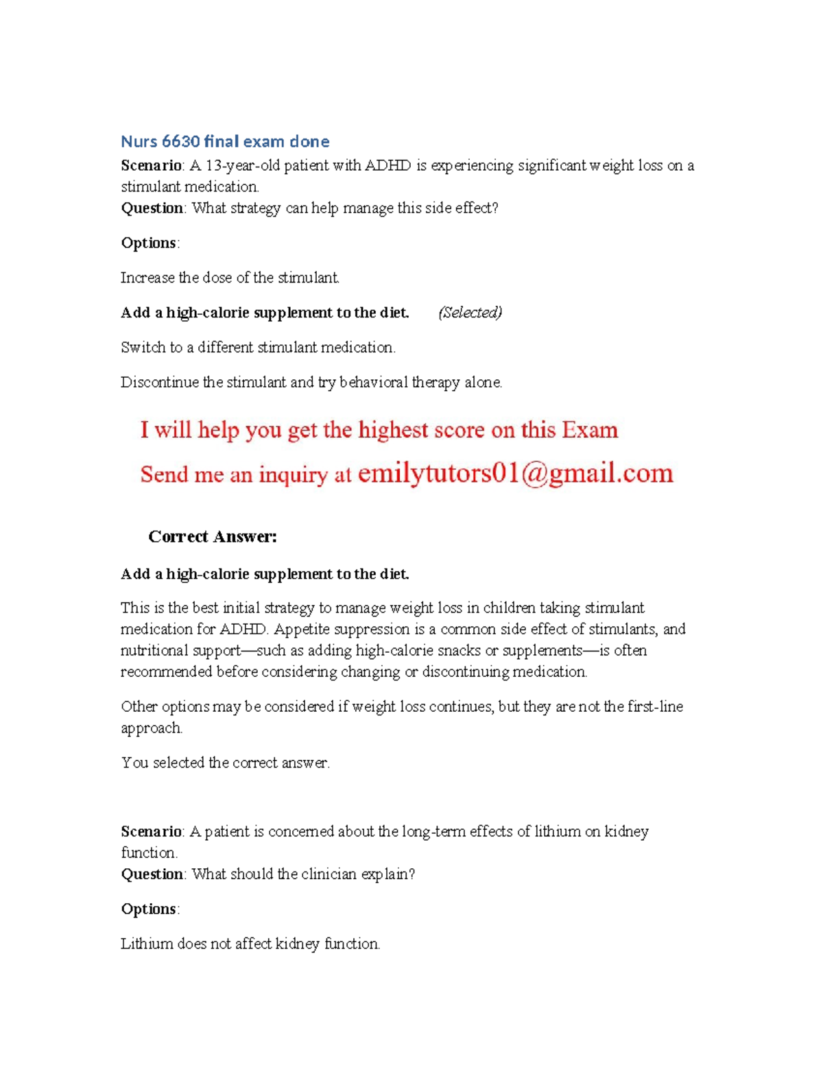 Nurs 6630 Final Exam Review: ADHD, Lithium, and Antidepressants - Studocu