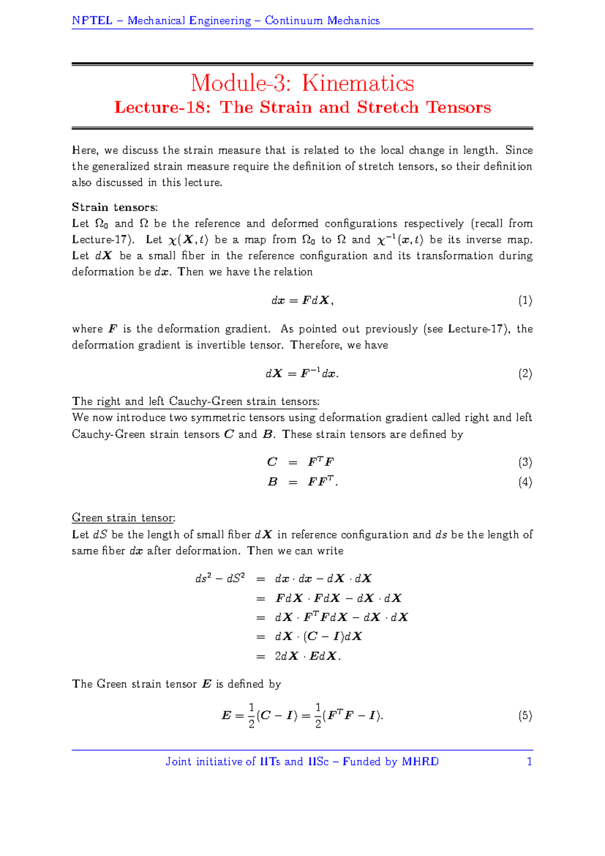 NPTEL ME Continuum Mechanics: Strain & Stretch Tensors Lecture 18 - Studocu