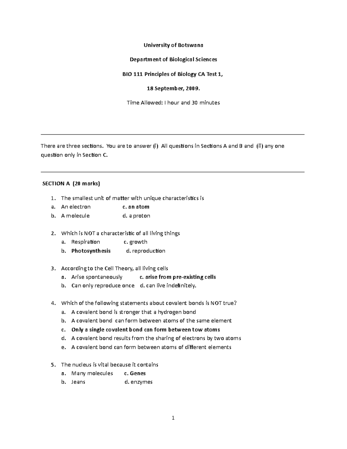 BIO 111 Test 1 - 2009 Marking Guide and Key Concepts in Biology - Studocu