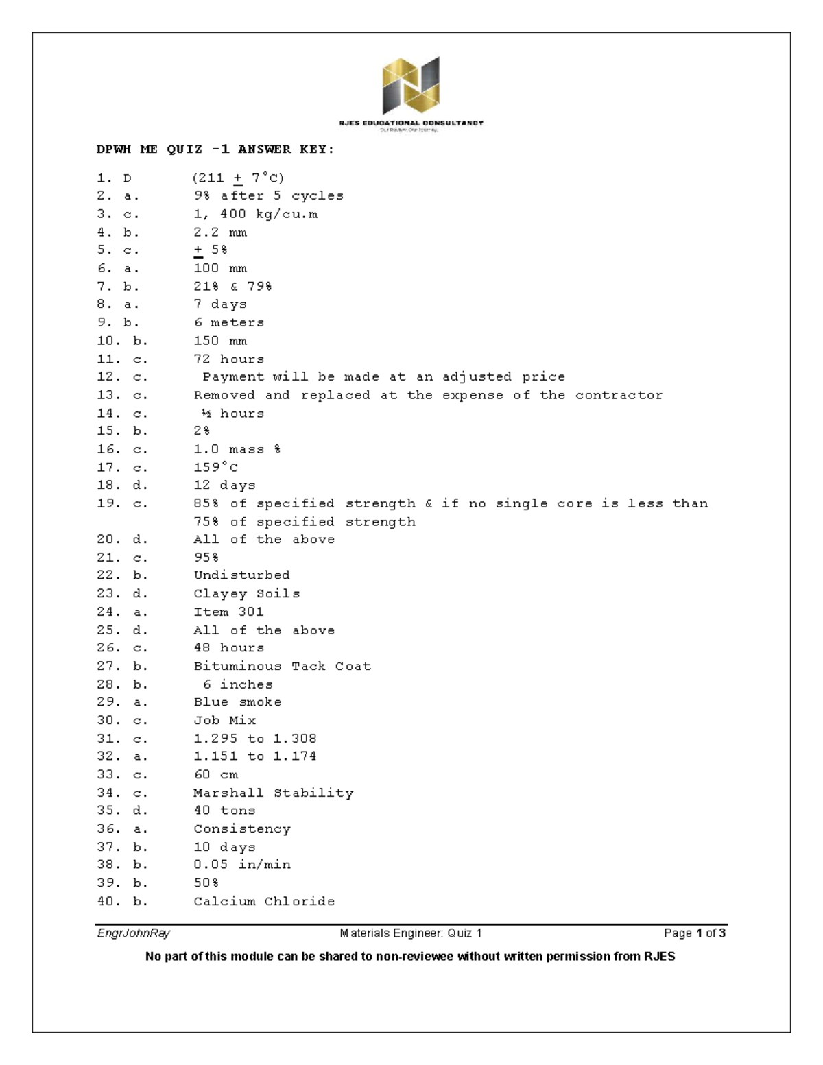 DPWH ME QUIZ 1 Answer Key and Solutions - Studocu
