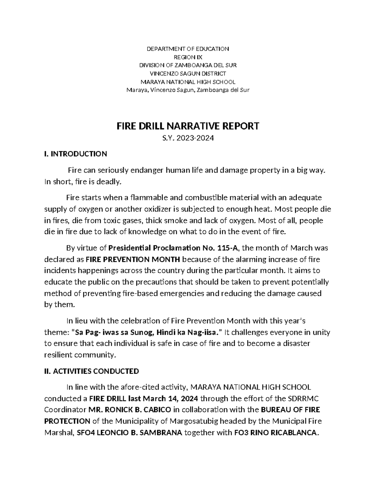 FIRE Drill Narrative Report - Maraya National High School 2024 - Studocu