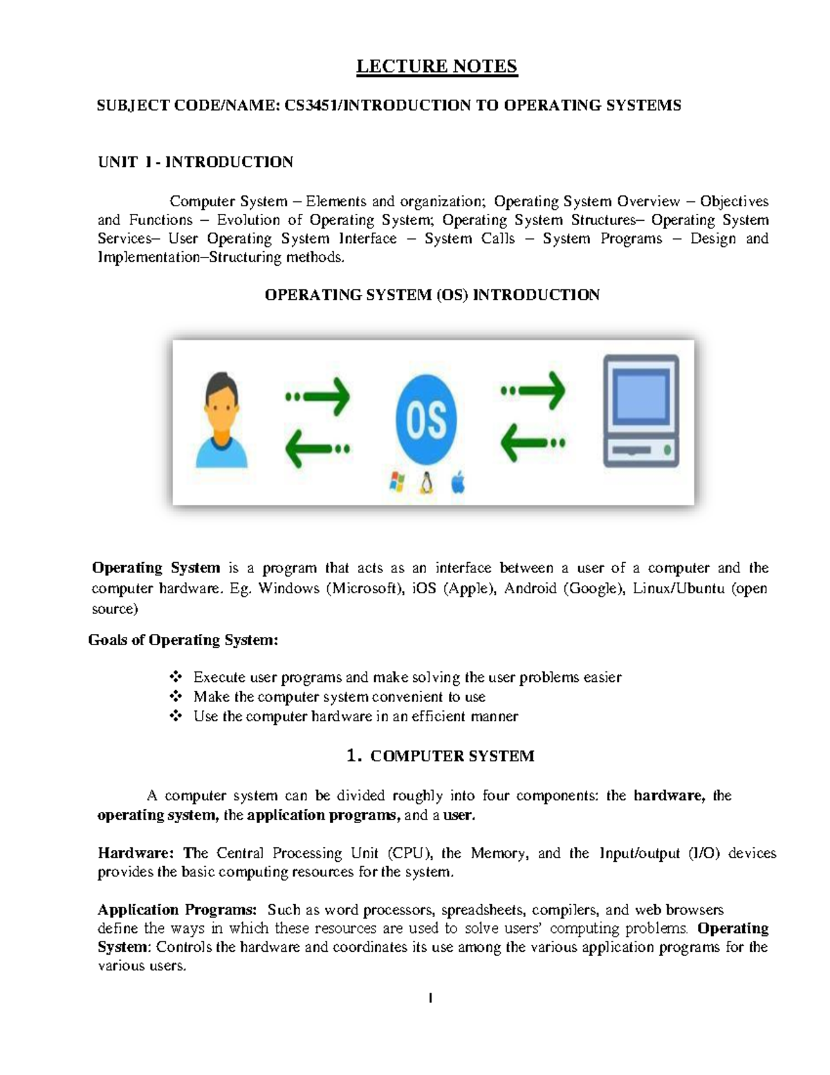 CS3451 Lecture Notes: Unit I - Introduction to Operating Systems - Studocu